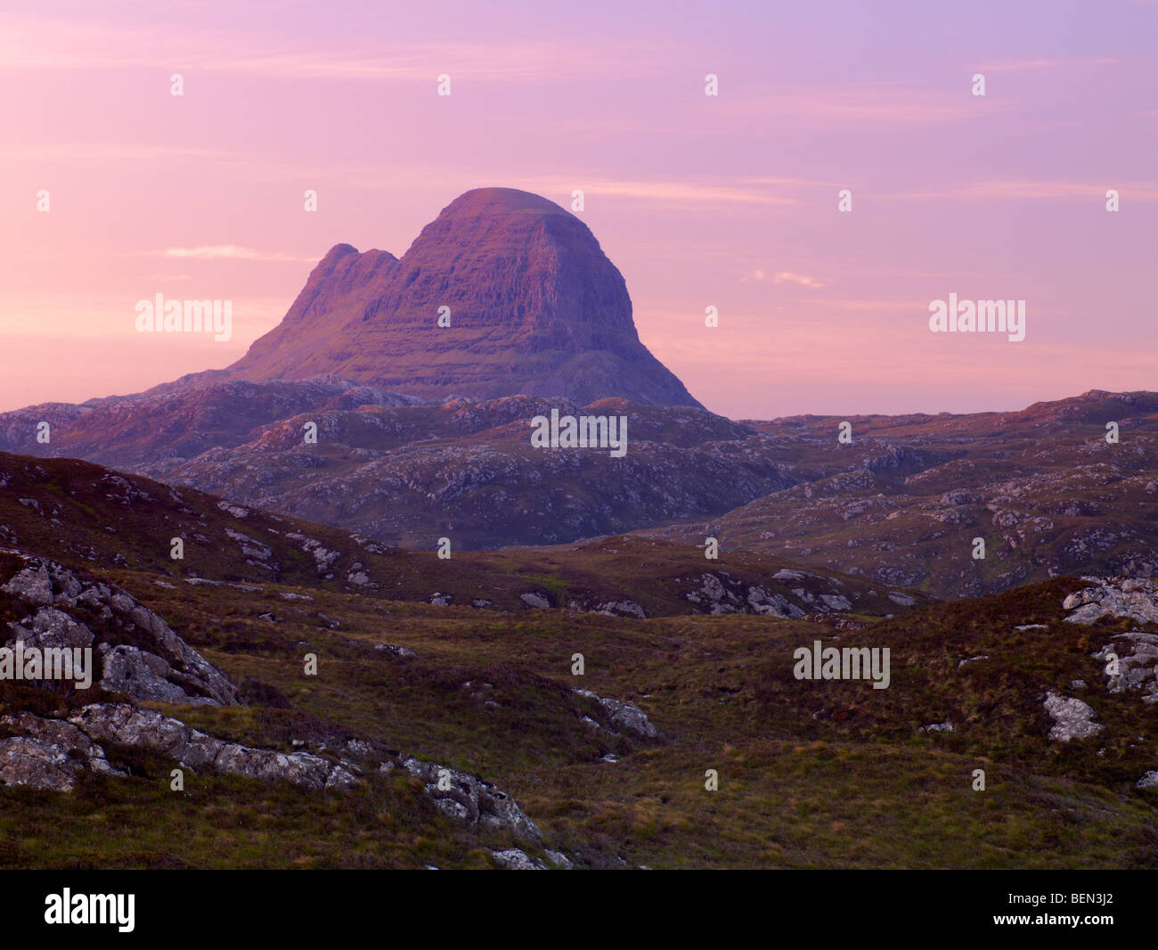 Scotland, Sutherland, Suilven at sunrise from near Lochinver Stock ...