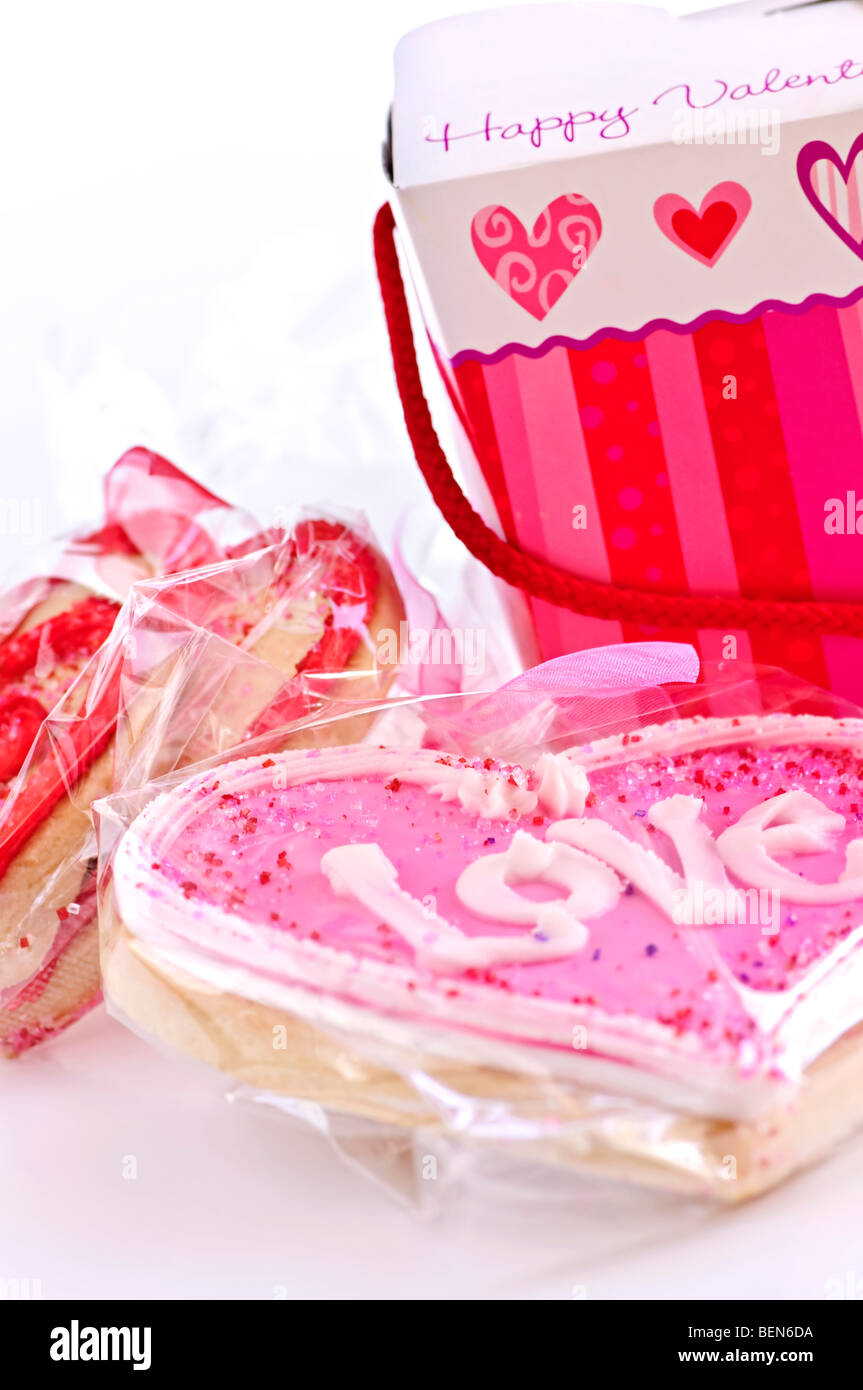 Homemade baked shortbread Valentine cookies with icing and gift boxes ...