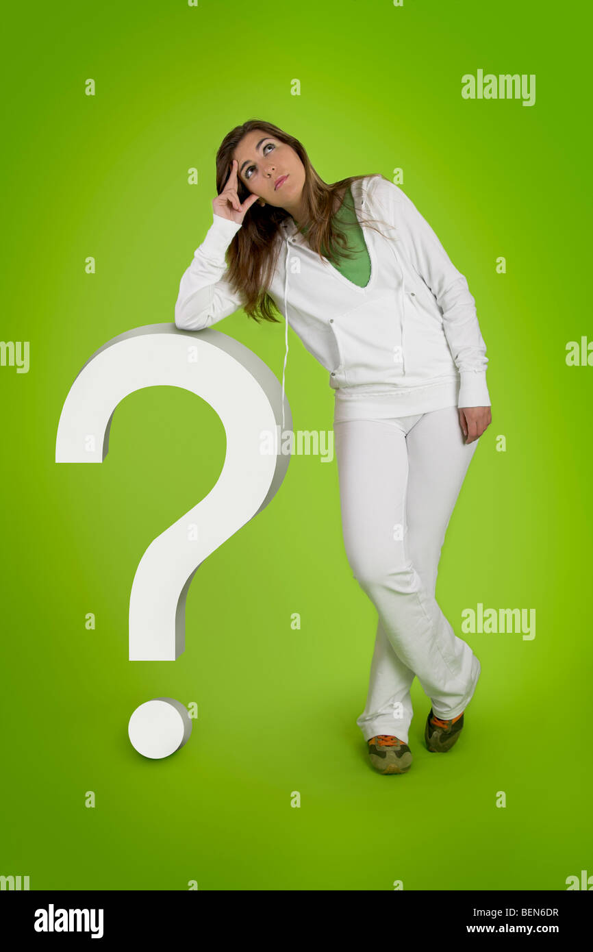 Woman contemplating questions with a interrogation point in 3D on a ...