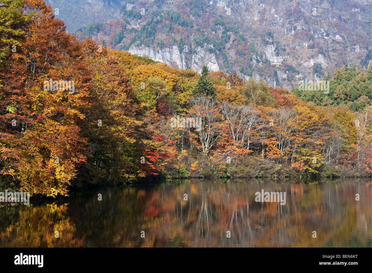 Kagami Ike (Mirror Lake), in Autumn with Togakushi mountain in the ...