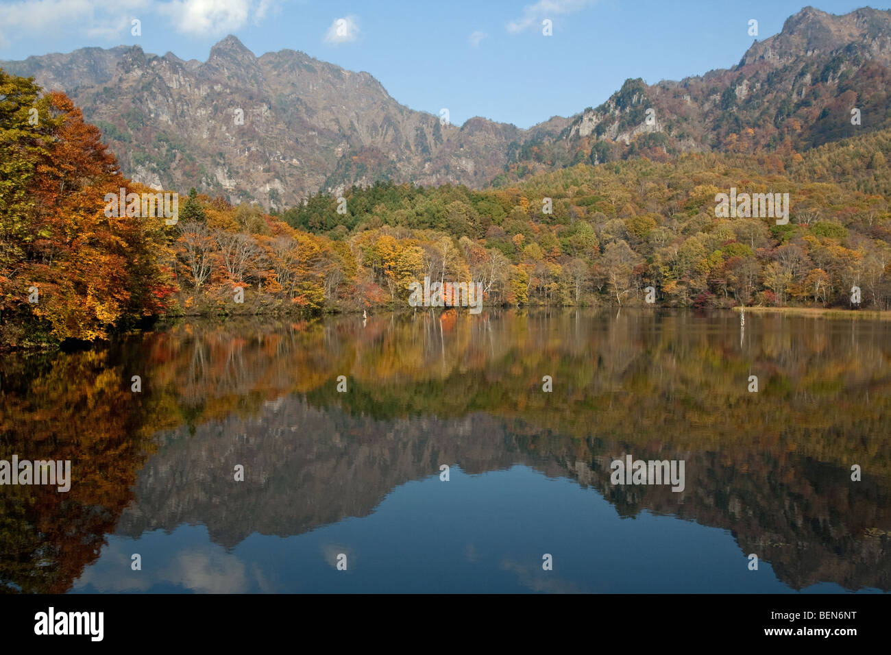 Kagami Ike (Mirror Lake), in Autumn with Togakushi mountain in the ...