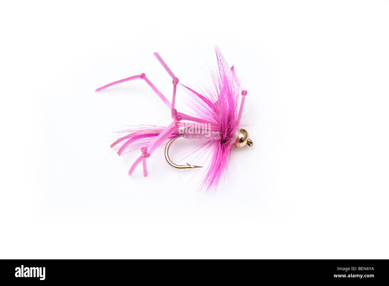 Pink rubber daddy trout fly isolated on a white studio background Stock ...