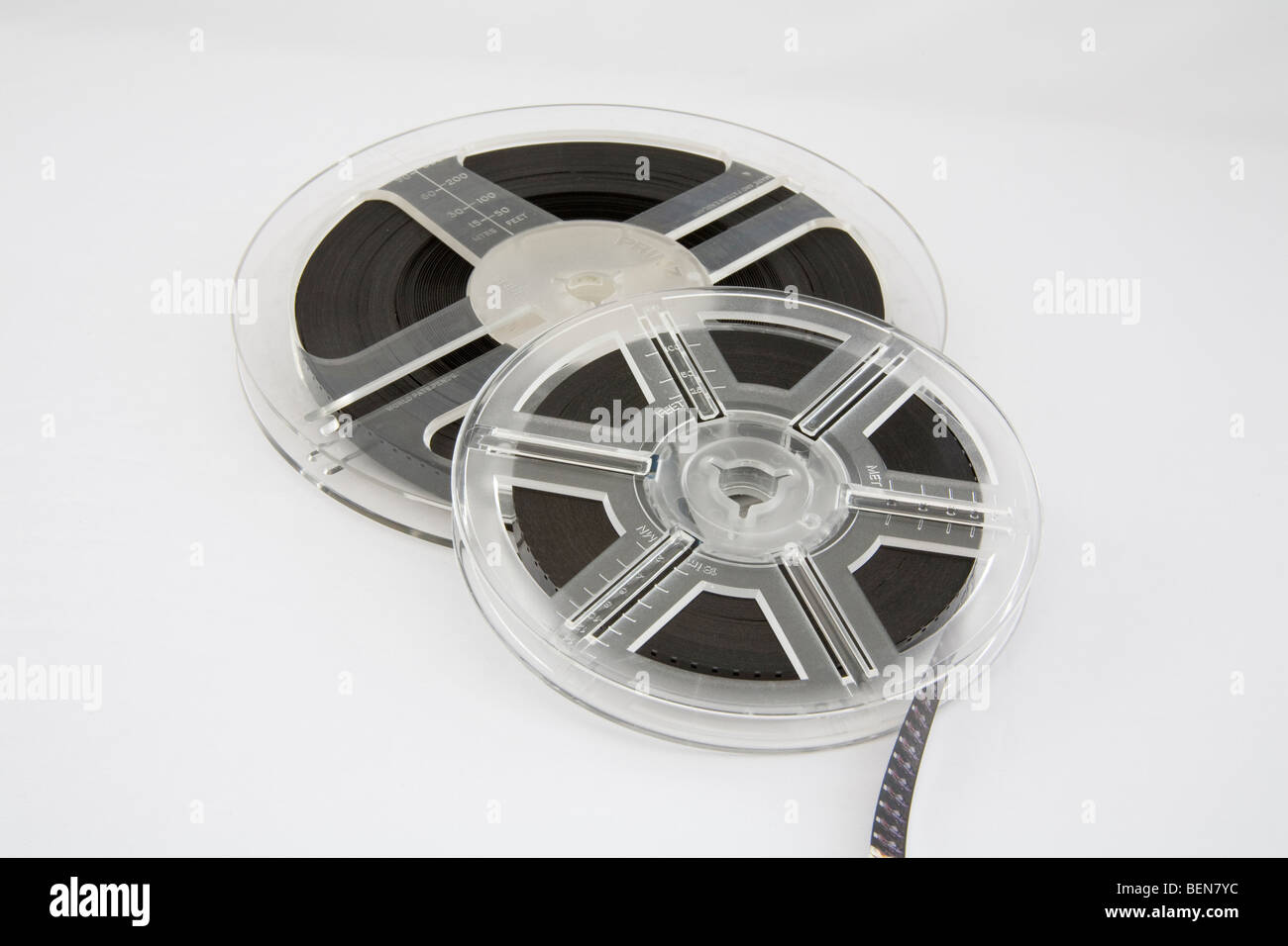 Studio Close up Two different size plastic reels holding cine film ...