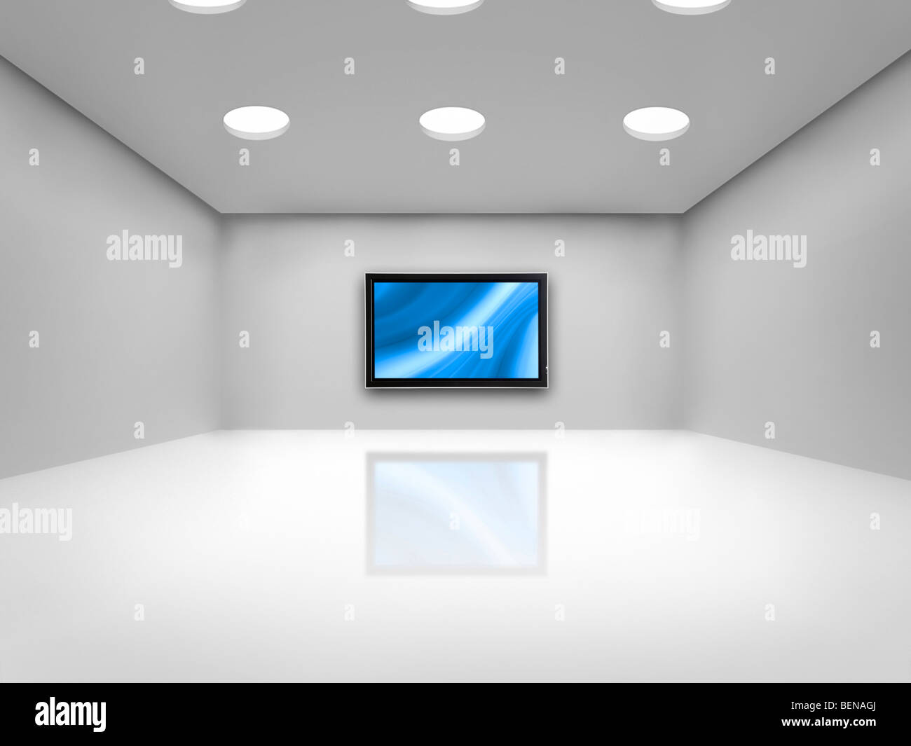 Open space with a plasma tv on the wall reflected on the floor Stock ...