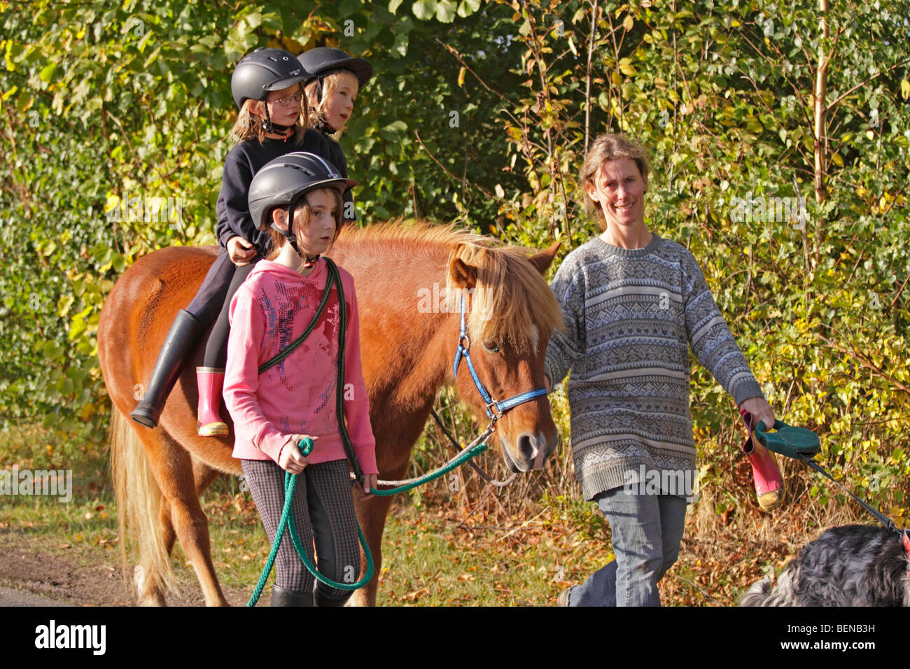 children riding on their ponies through a forest Stock Photo - Alamy