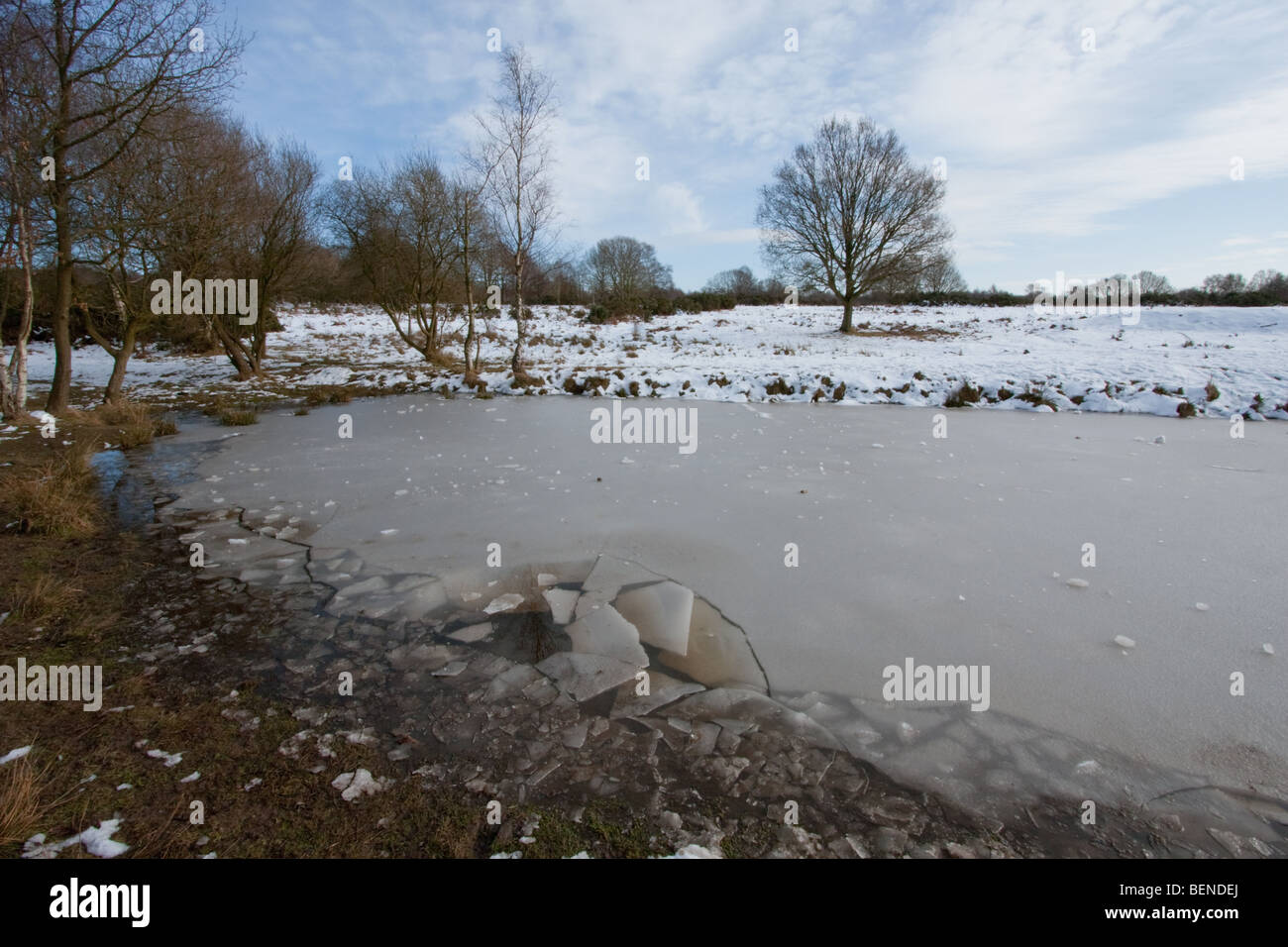 Frozen pond and snow covered landscape in Surrey after heavy snow in ...