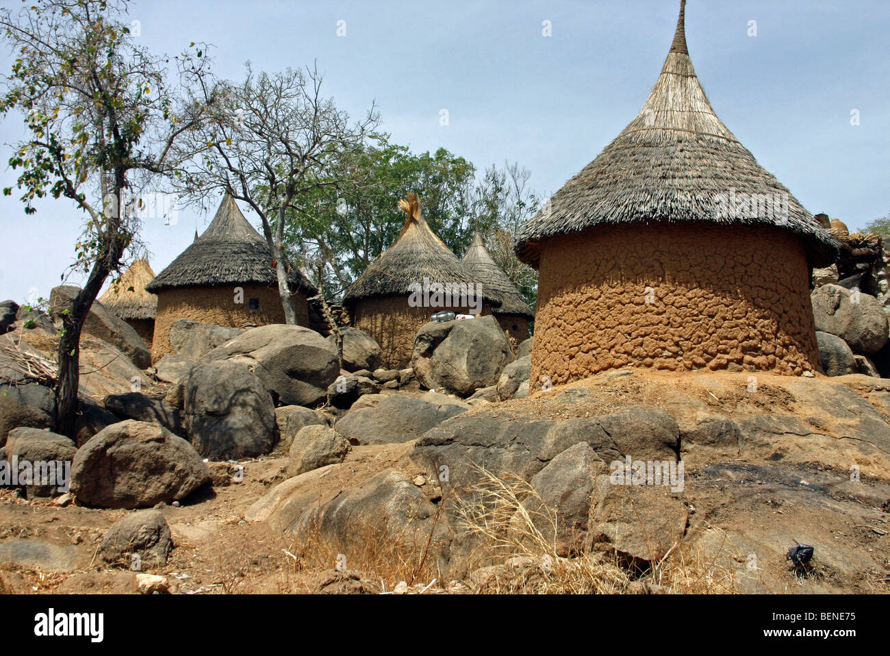 Stone huts with thatched roofs at Animist village of the Kapsiki ethnic ...