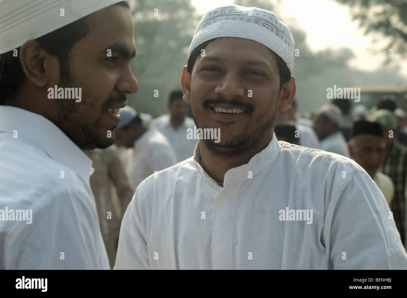 Muslim men wishing each other at the Id prayers at Red Road Kolkata ...