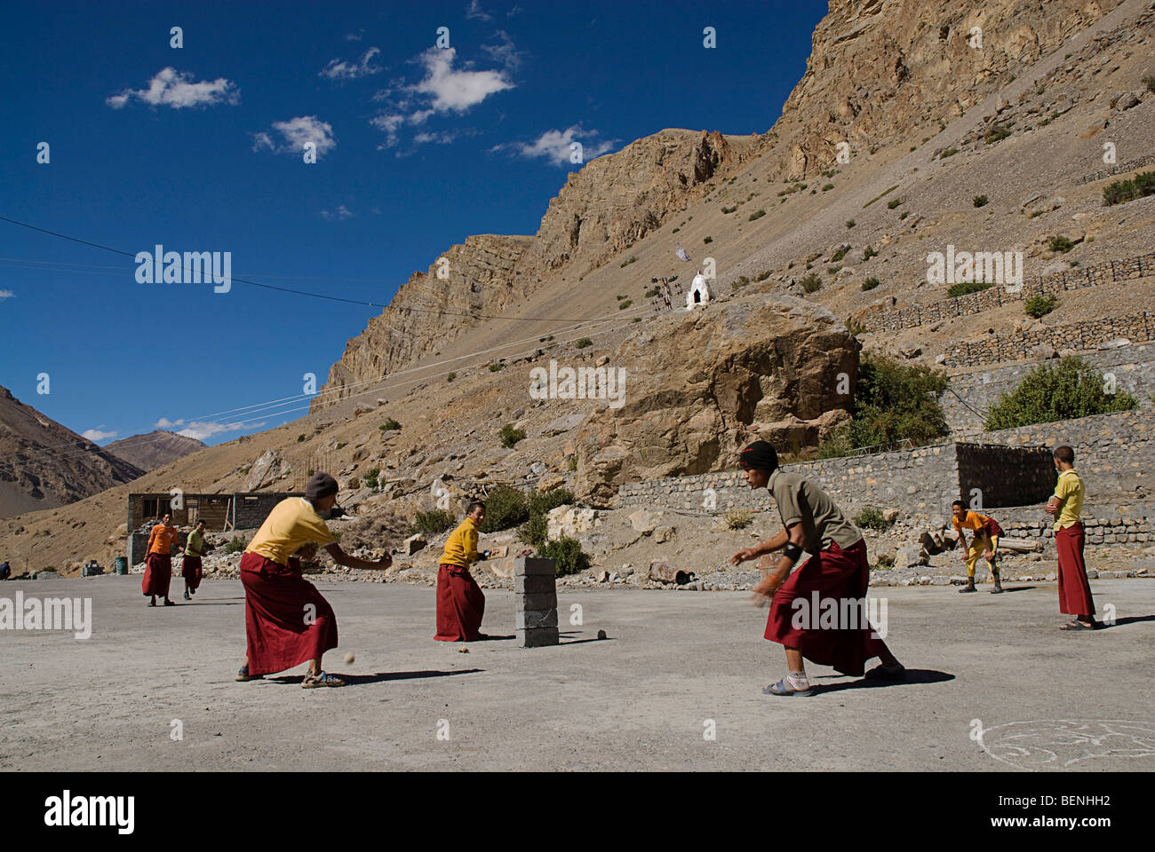 Monks playing cricket at Key Monastery in Spiti Valley Himachal Pradesh ...