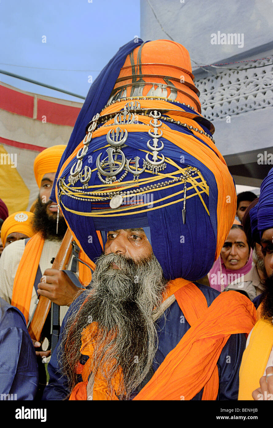 Portrait of Nihang with huge turban Holla Mohalla festival Anandpur ...