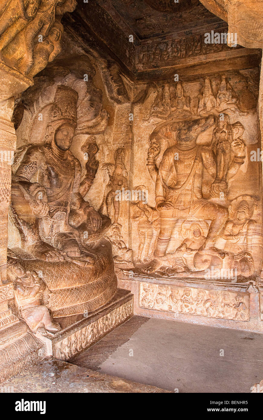 Cave 3 of the Badani cave temples where Vishnu is seated on Adisesha ...