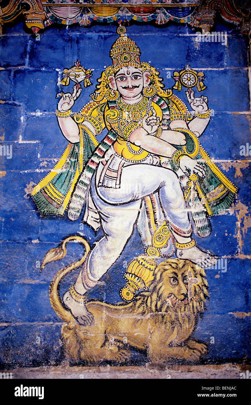 100 year old wall painting in Vishnu Temple at Ariyakudi Tamil Nadu ...