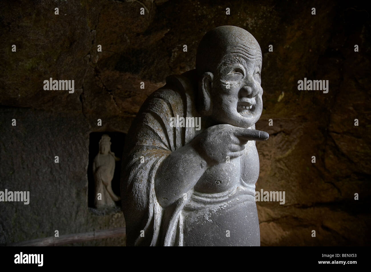 JAPAN Jochi-ji Zen temple, Kamakura. Statue of laughing Buddha. photo ...