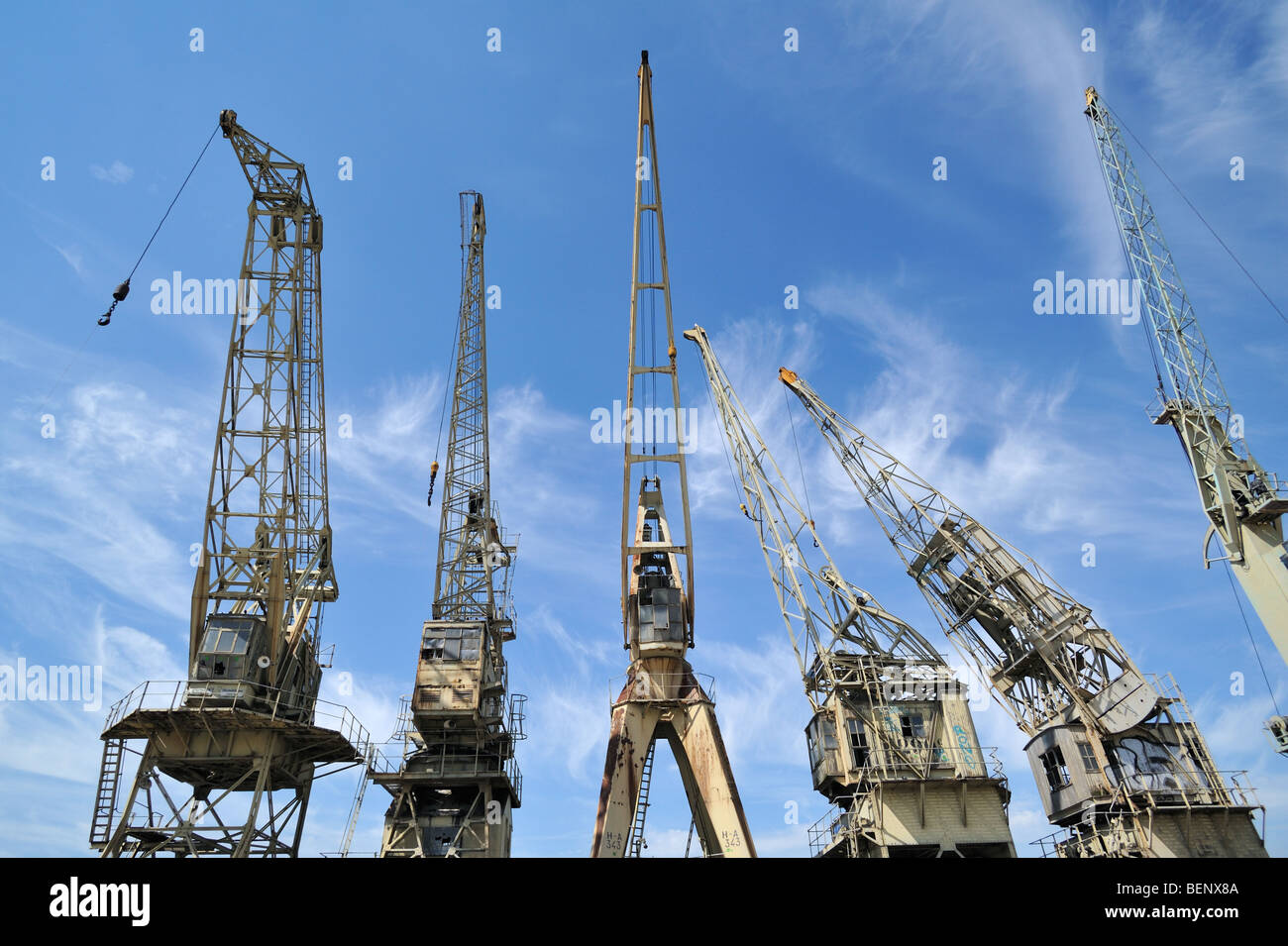 Historic dock cranes at the shipping trade museum along the docks in ...