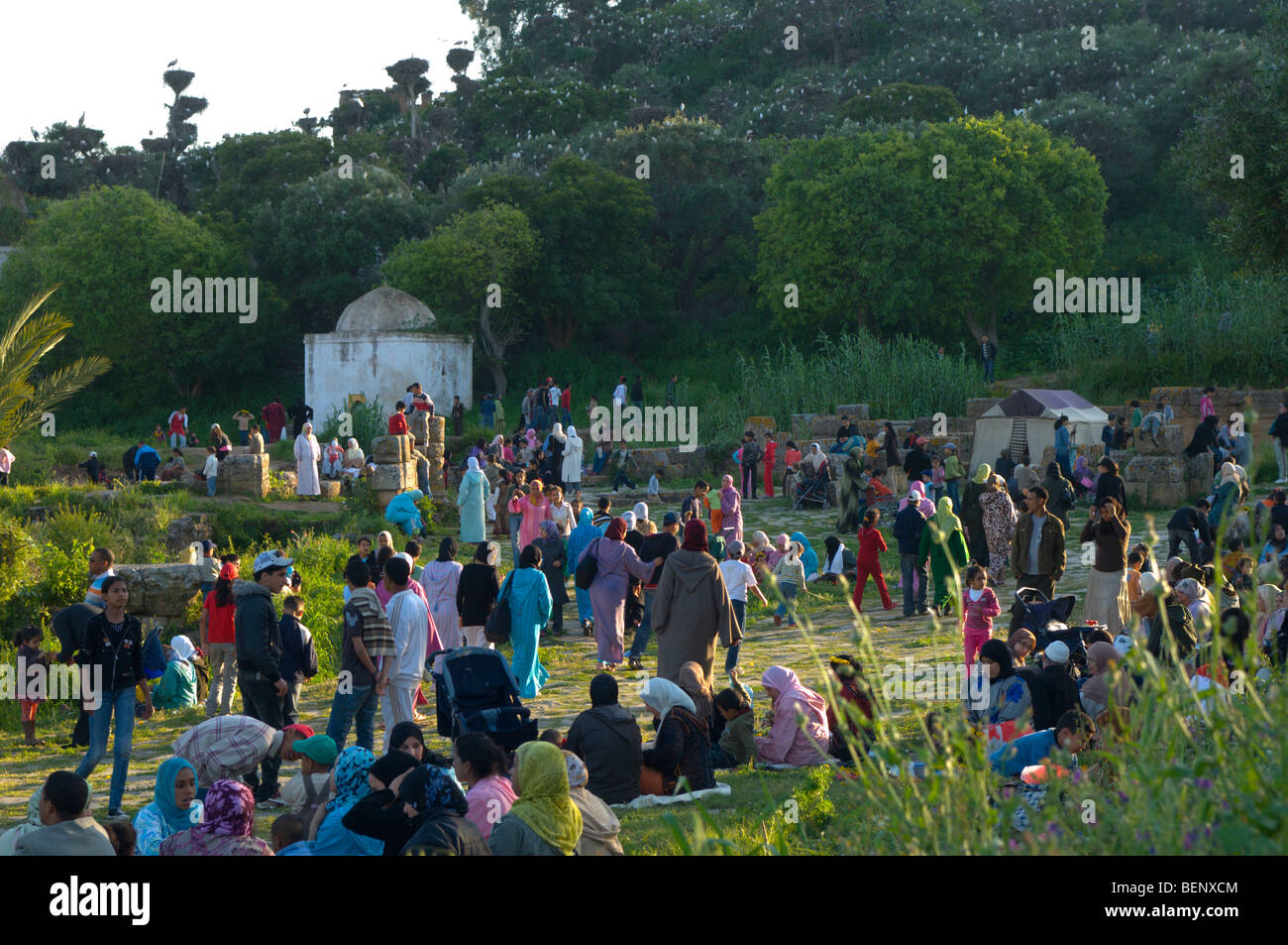 Muslims visit the Chella Necropolis on a Friday, Rabat, Morocco, Africa ...