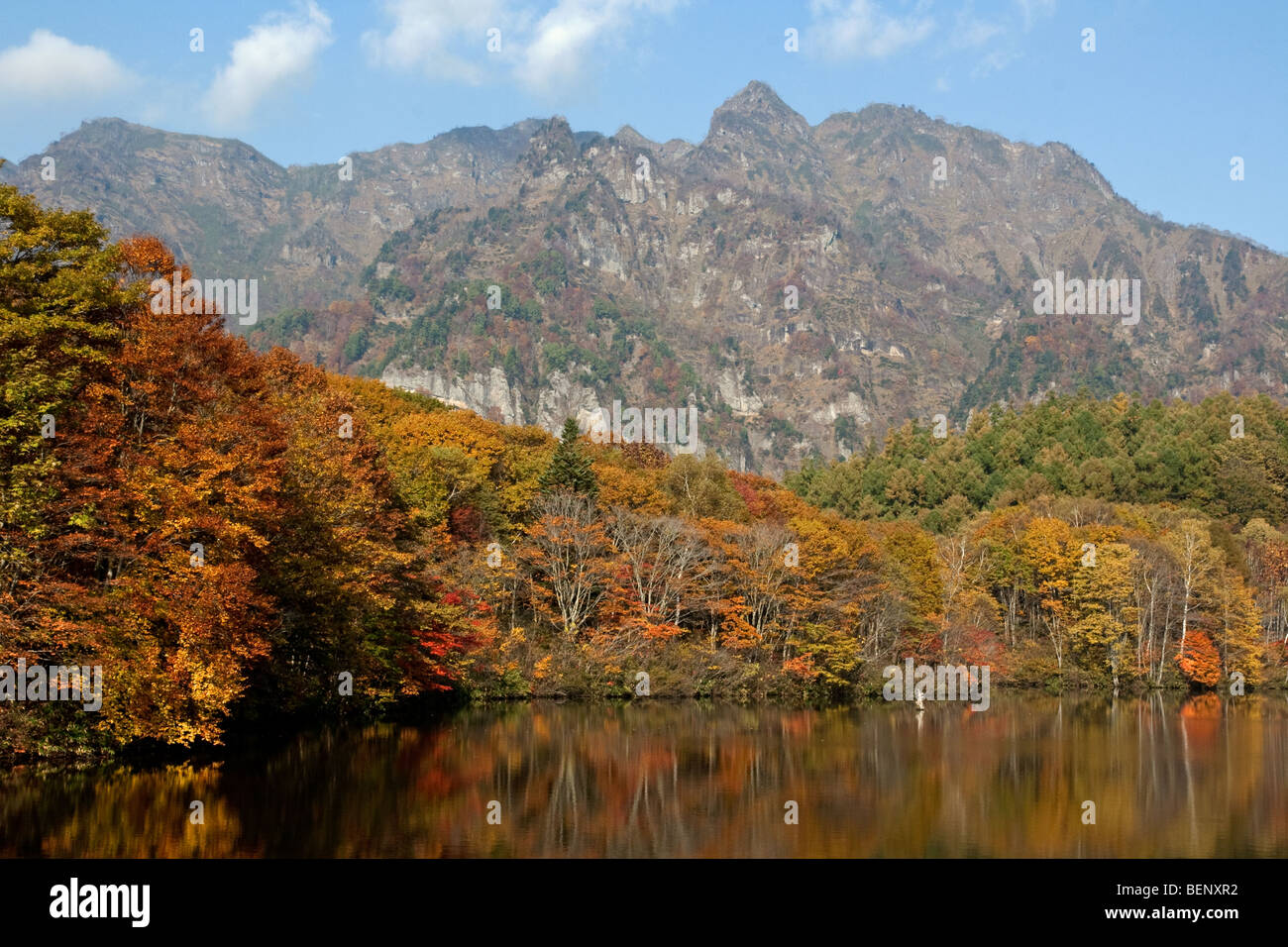 Kagami Ike (Mirror Lake), in Autumn with Togakushi mountain in the ...