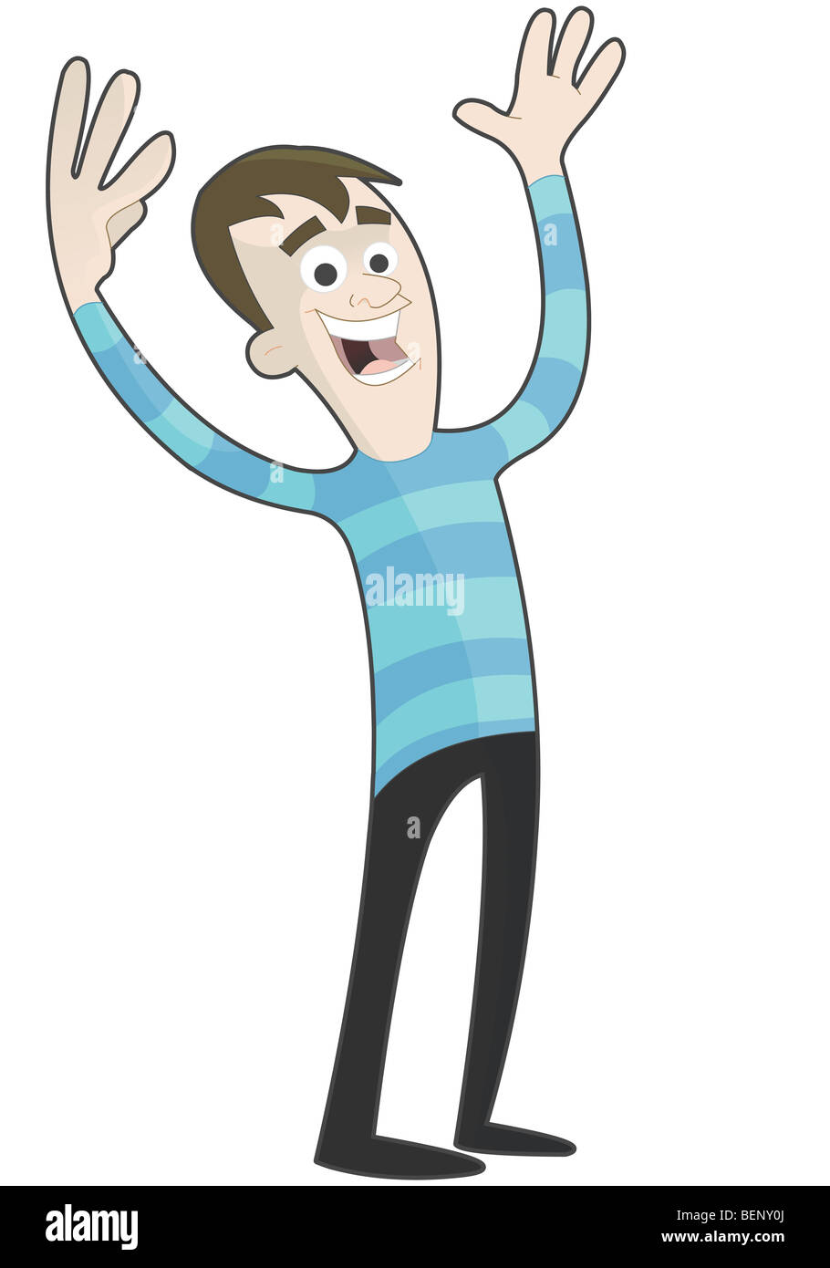 A cartoon boy raising both hands Stock Photo - Alamy