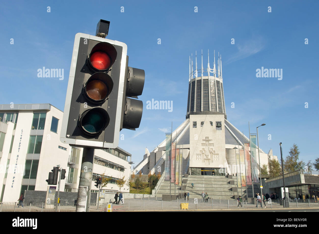 Traffic lights on red in front of Liverpool metropolitan Roman Catholic ...