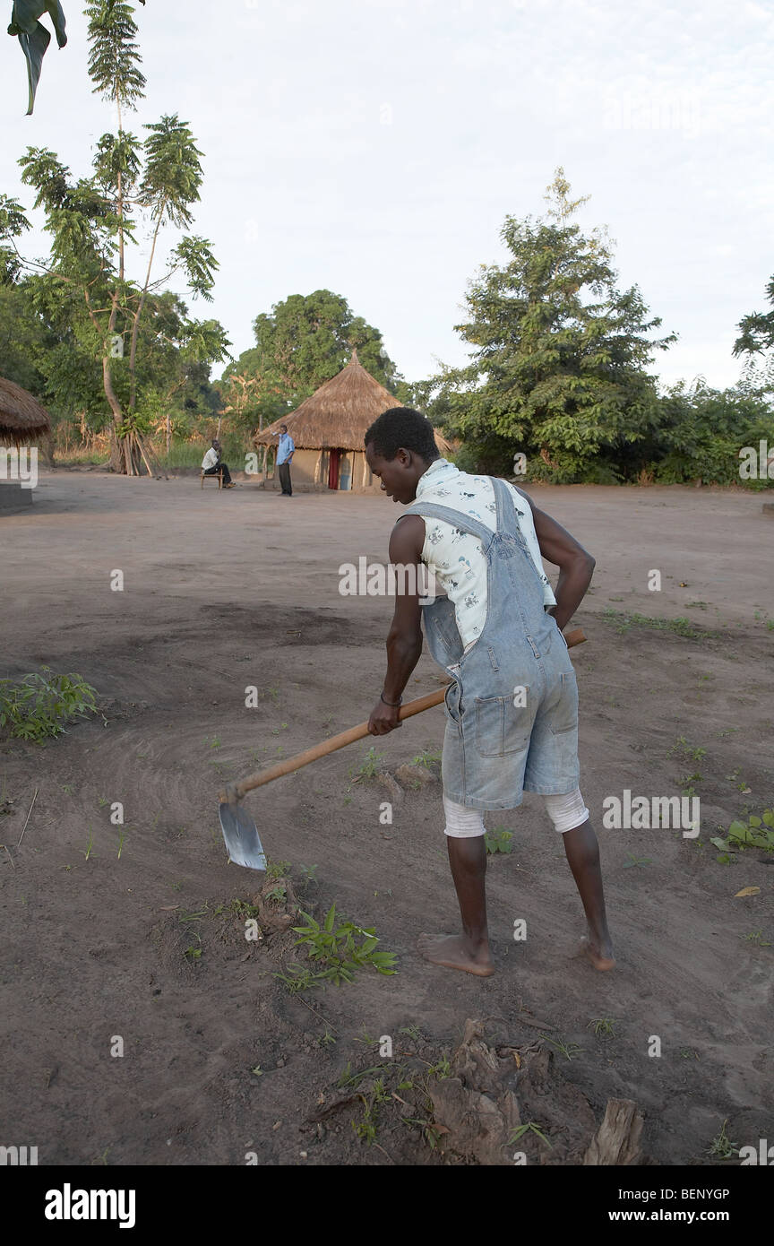 SOUTH SUDAN Early morning scene on a farm homestead of Yei. Man ...
