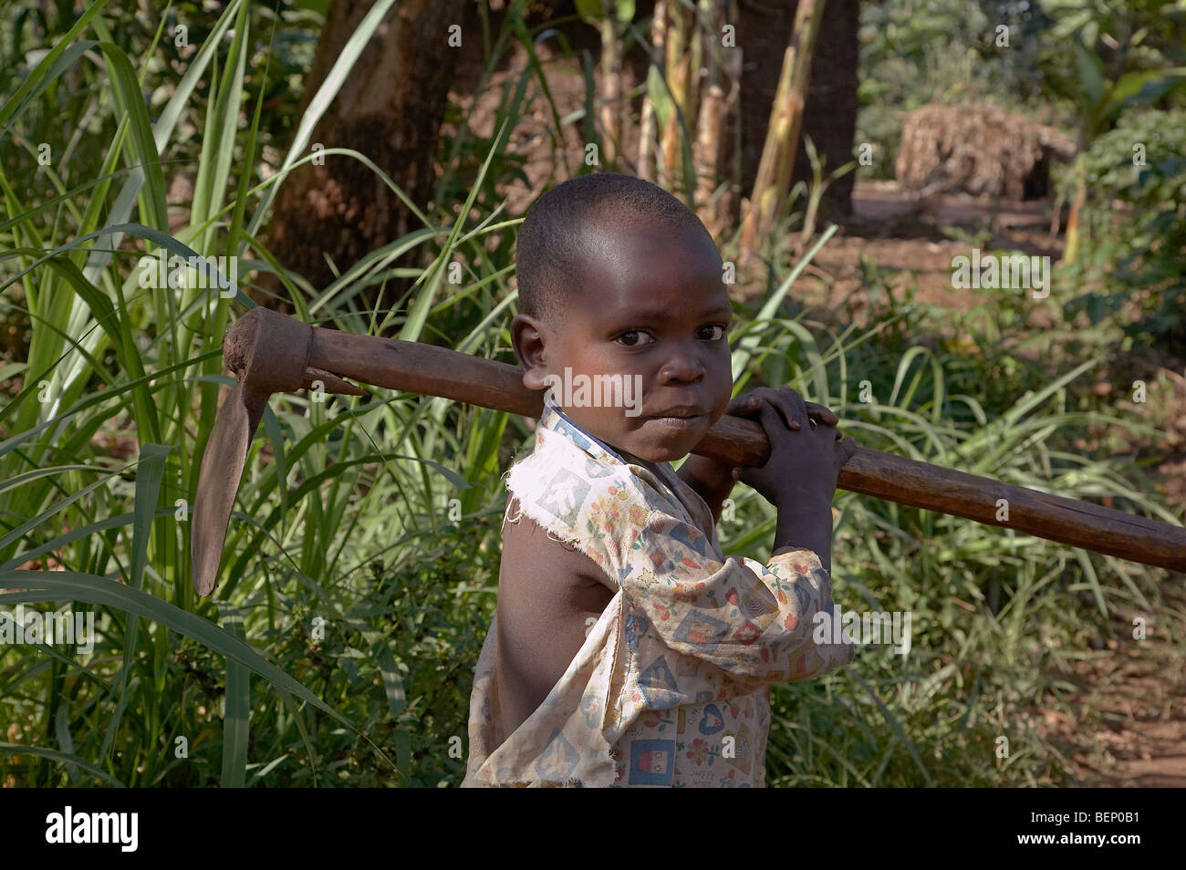 UGANDA Boy carrying hoe on the way to work in field. Kasaayi village ...