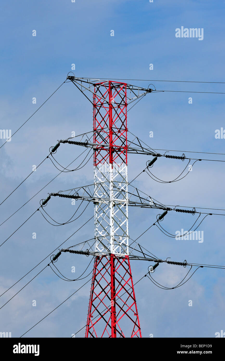 High-voltage pylon / transmission tower / electricity pylon in red and ...