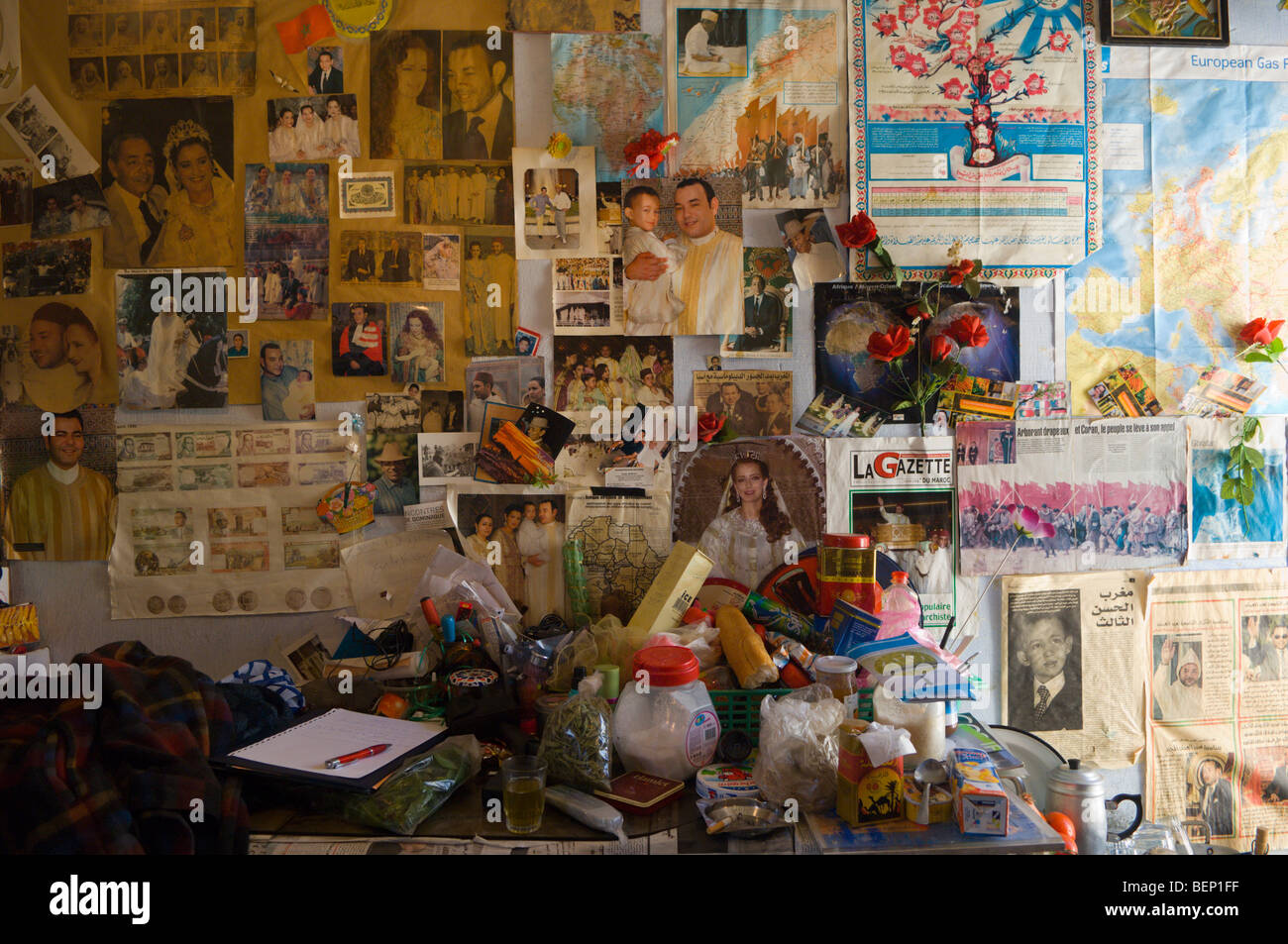 Wall decoration is seen in a poor moroccan mans basic one roomed ...