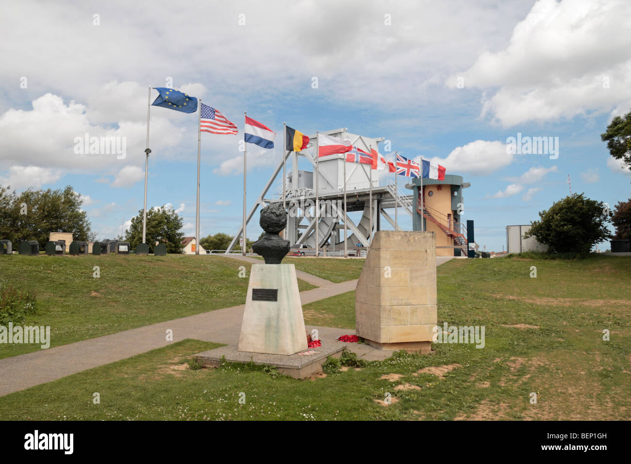 View past the bust of Major John Howard towards the new Caen Canal ...