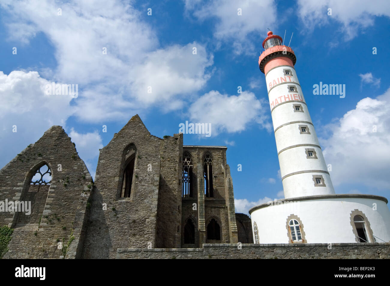 The Pointe Saint-Mathieu with its lighthouse and abbey ruins, Finistère ...