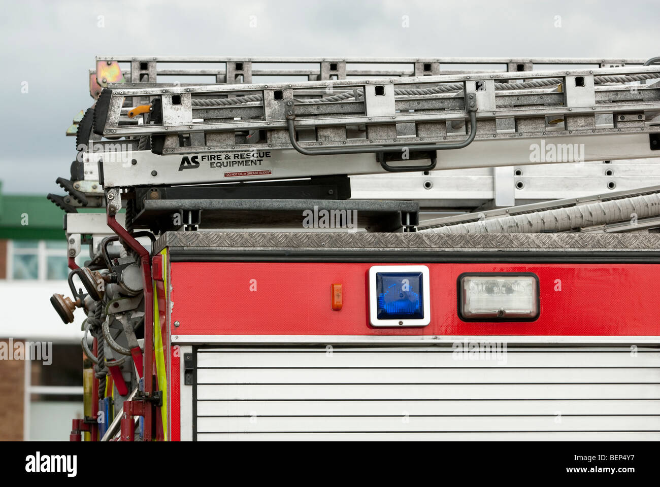 Red Fire & Rescue Engine Appliance detail showing ladders and mounting ...
