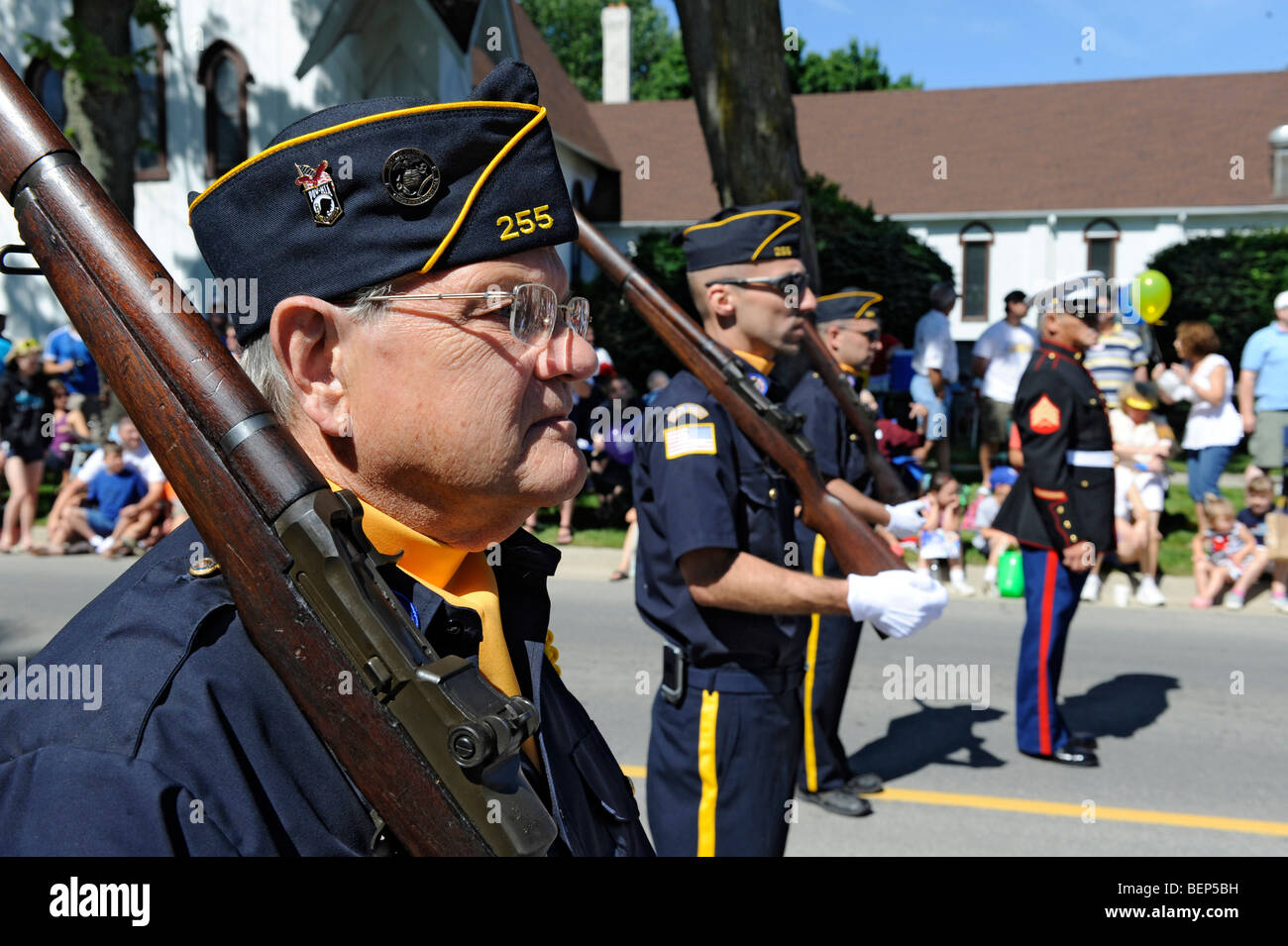 Uniformed Veterans Marching in Parade Honor Guard with Flags Stock ...