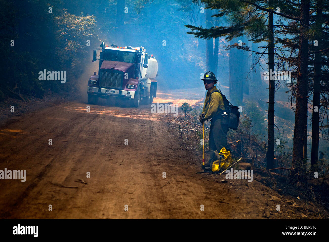 Fire engine and wildland firefighters at California Knight wildfire in ...
