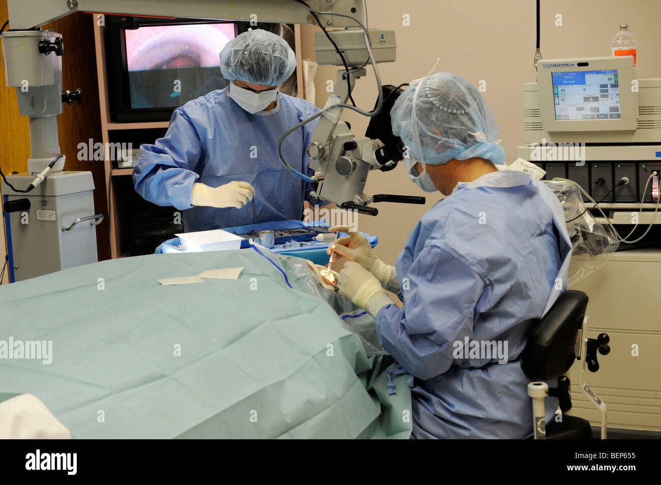 Adult male is prepare and undergoes a crystalens eye implant for ...