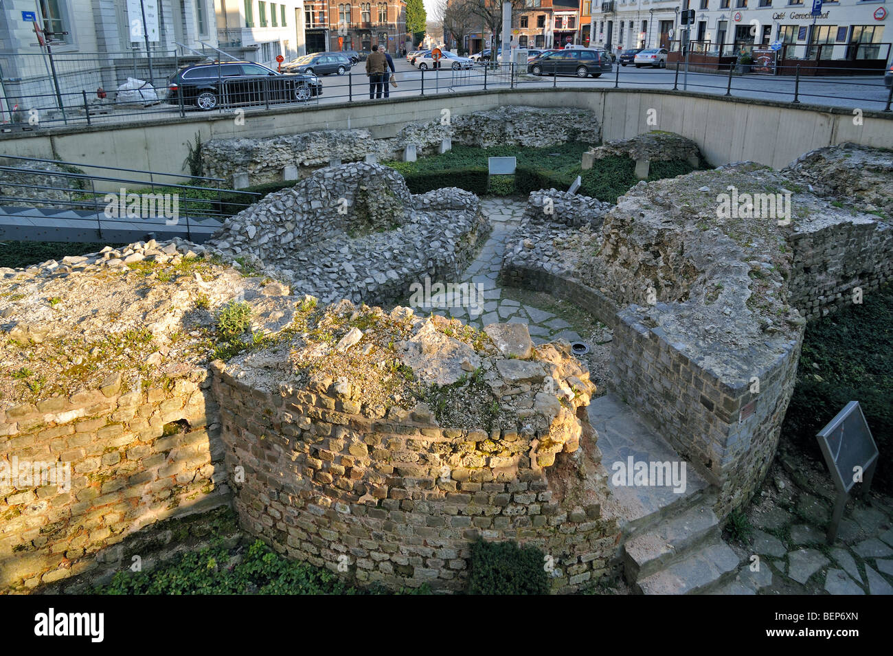Archaeological site showing foundations of Roman tower, Tongeren ...