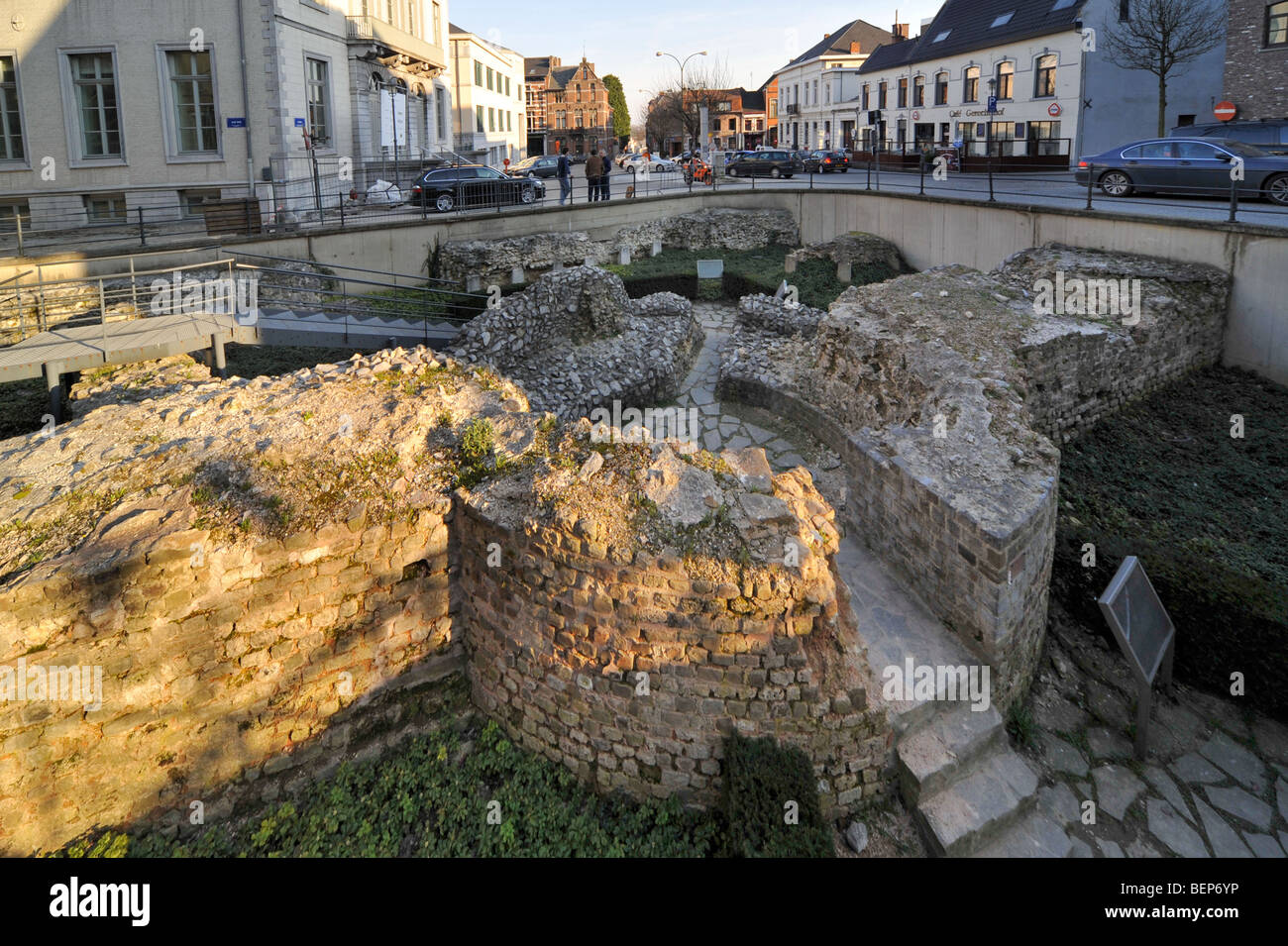 Archaeological site showing foundations of Roman tower, Tongeren ...