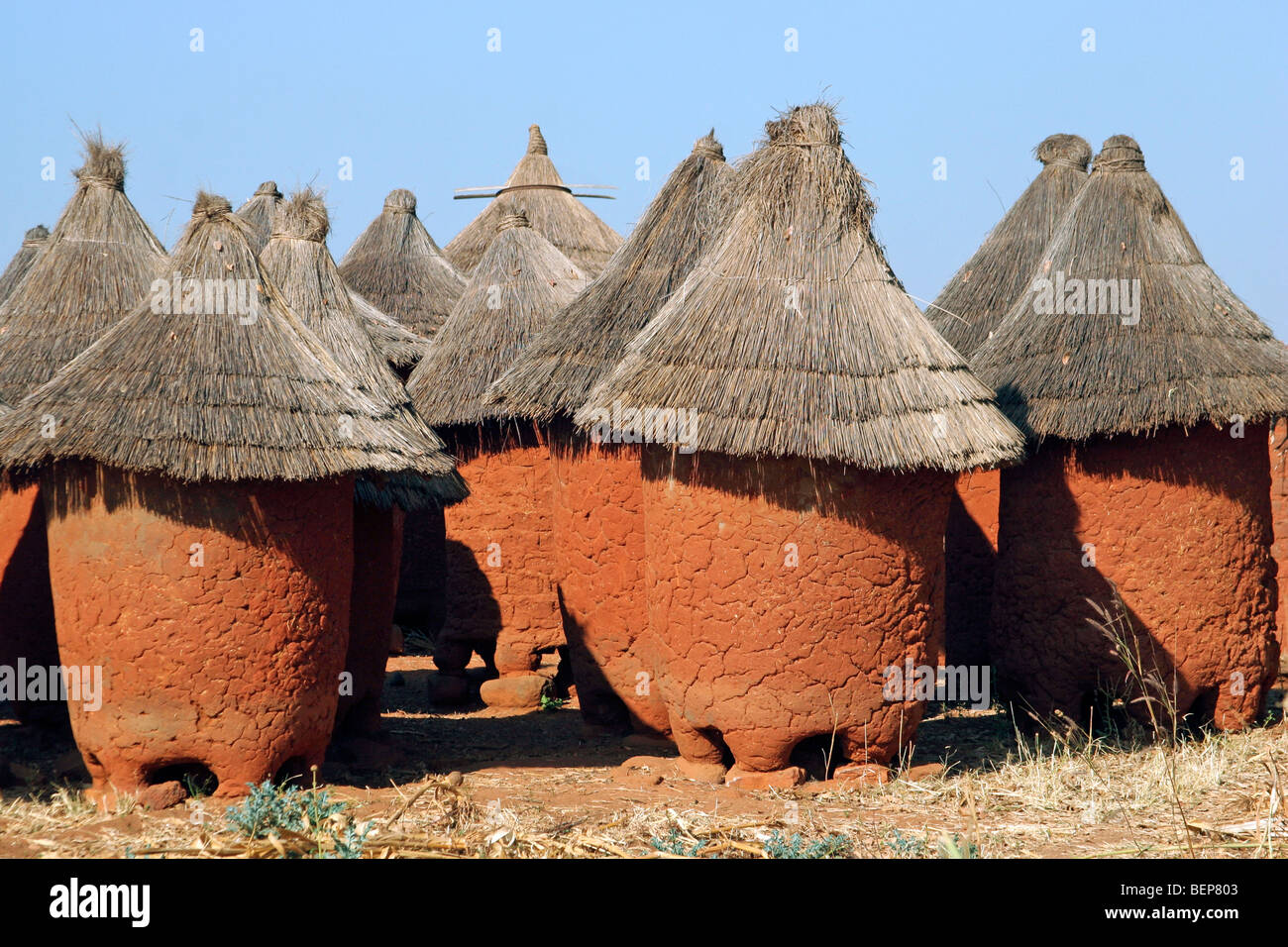 Traditional grain warehouses / granaries with thatched roofs in village ...