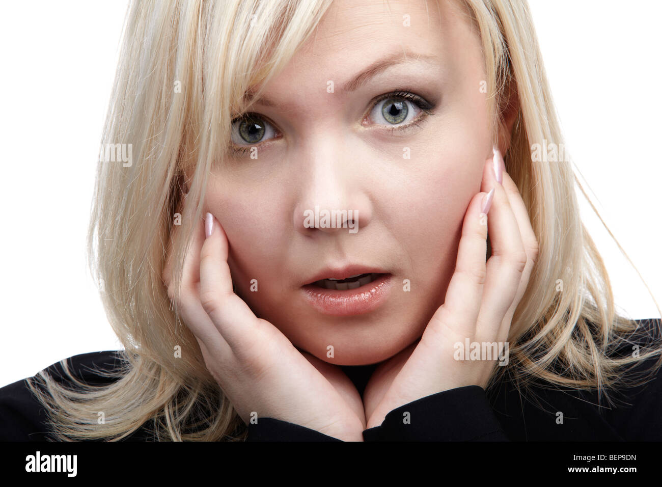 portrait of beautiful slavonic blonde girl looking worried and ...
