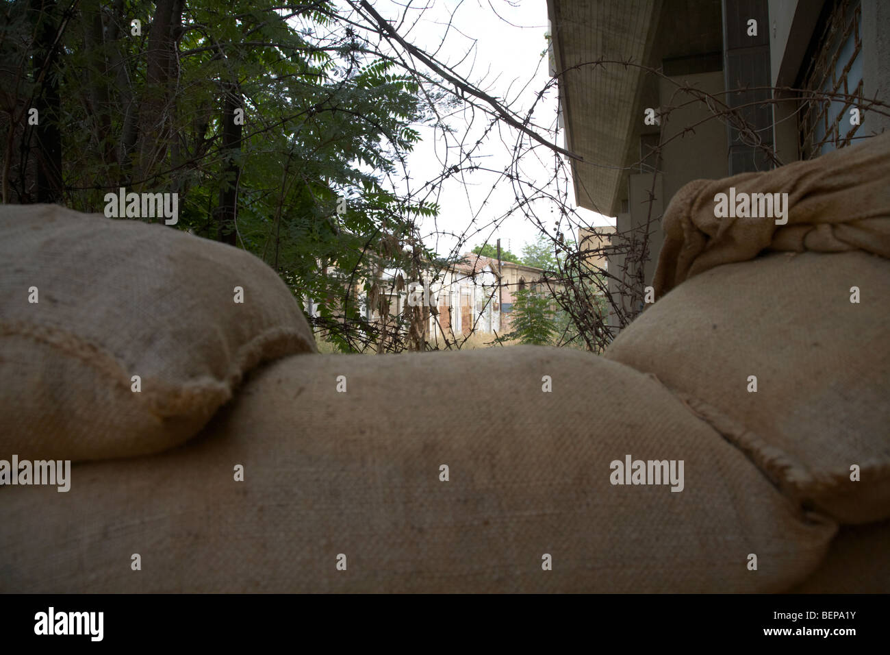 sandbagged wall and firing points across no mans land and restricted ...
