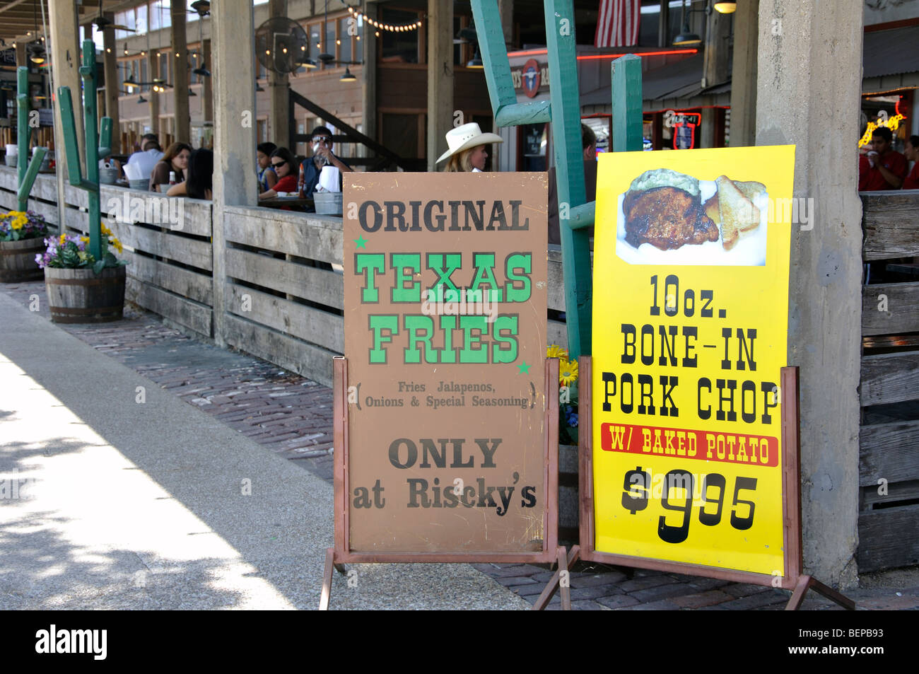 Restaurant sidewalk sign, Stockyards, Fort Worth, Texas Stock Photo - Alamy