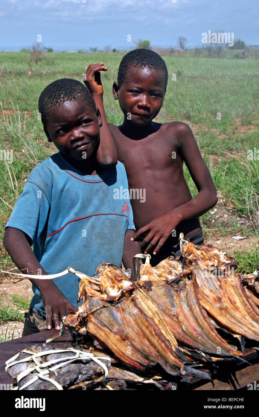 Two black children selling dried fish along the road in Angola ...