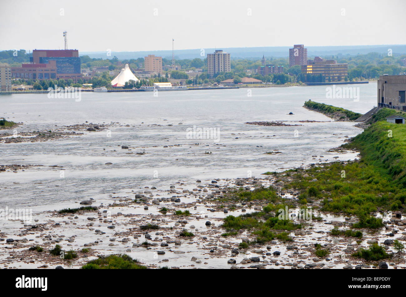View of St. Mary's River and Soo Locks from Sault Ste. Marie ...