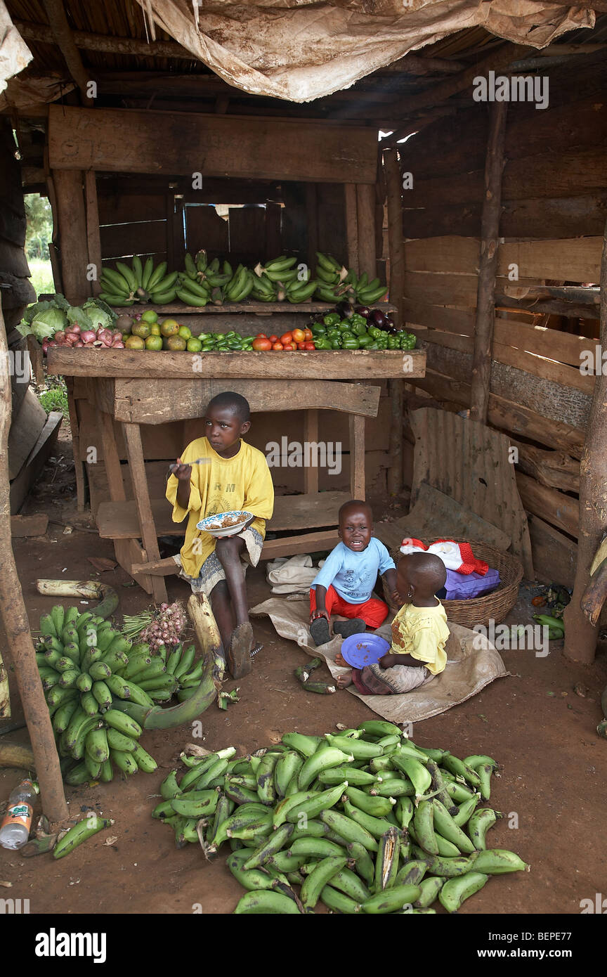 UGANDA Vegetable stall selling mainly bananas, Village of Kabembe ...