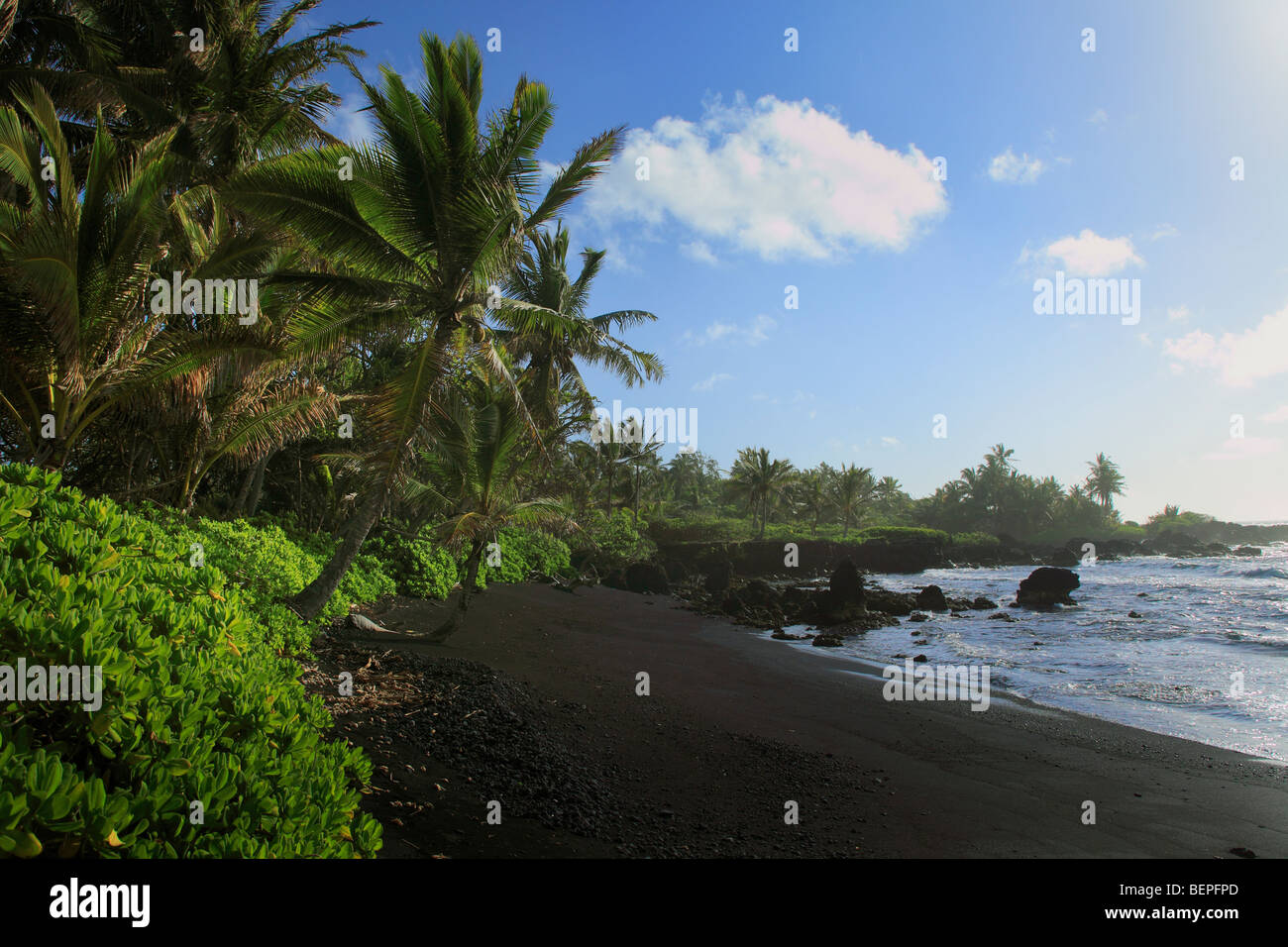 Black sand beach in Hana Bay on the northeast coast of Maui, in the ...