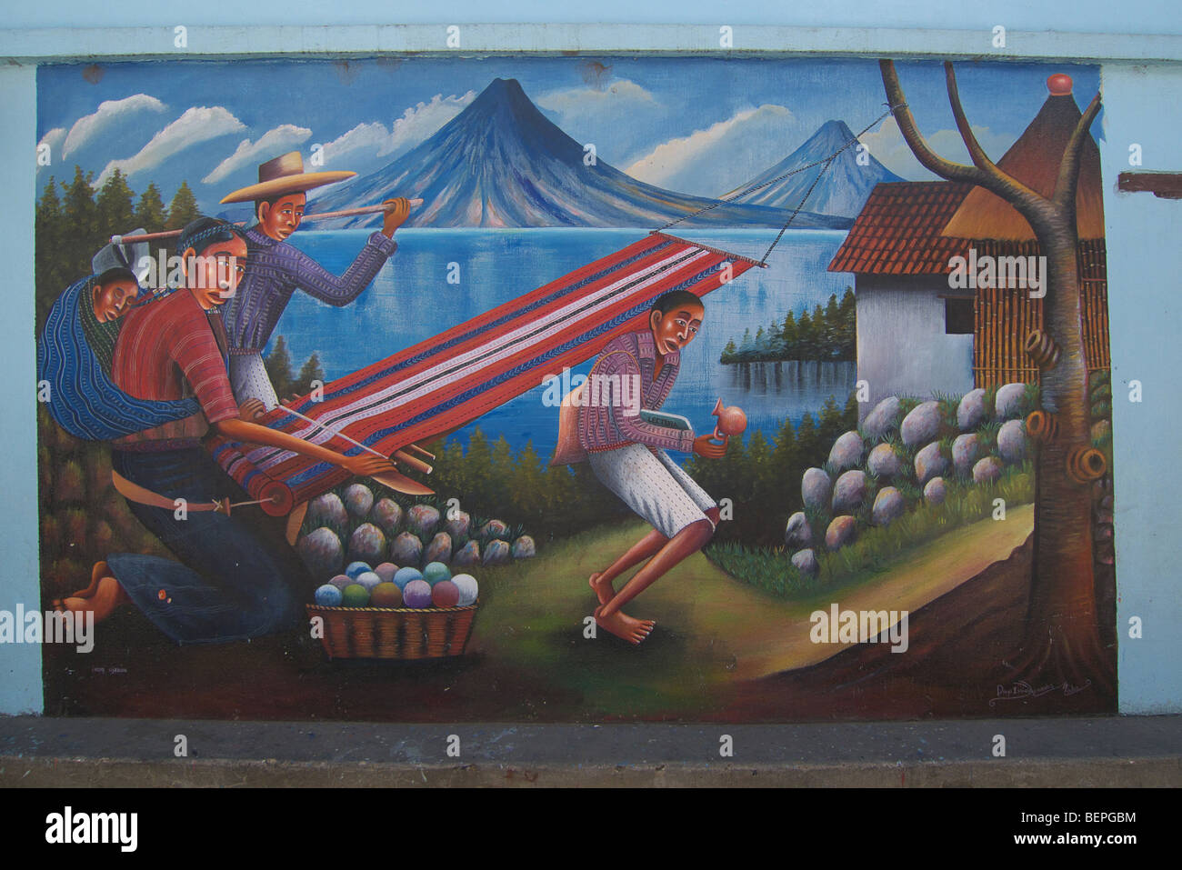 GUATEMALA San Juan la Laguna. Mural depicting Mayan way of life ...