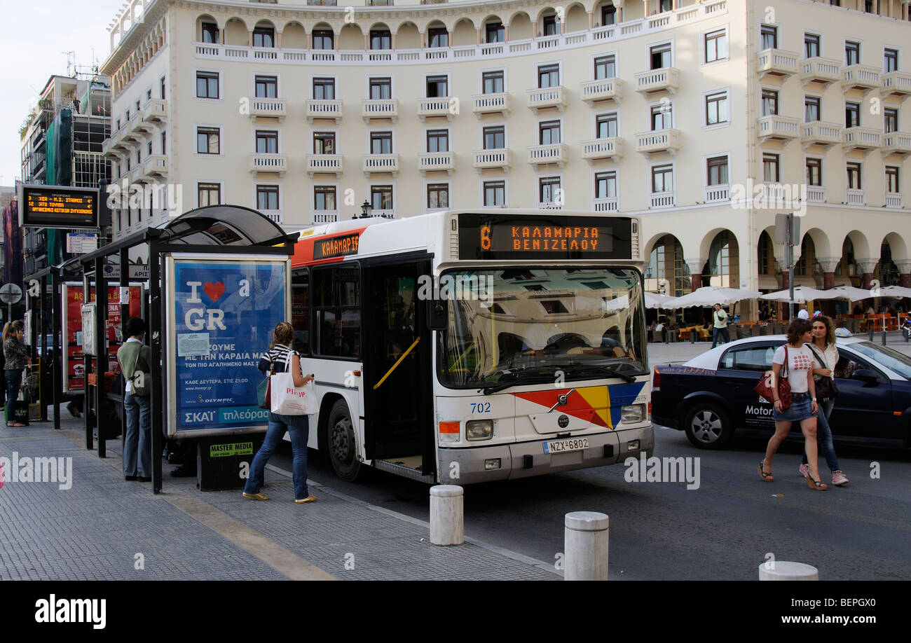 Passengers wait at a bus stop in central Thessaloniki Greece Stock ...