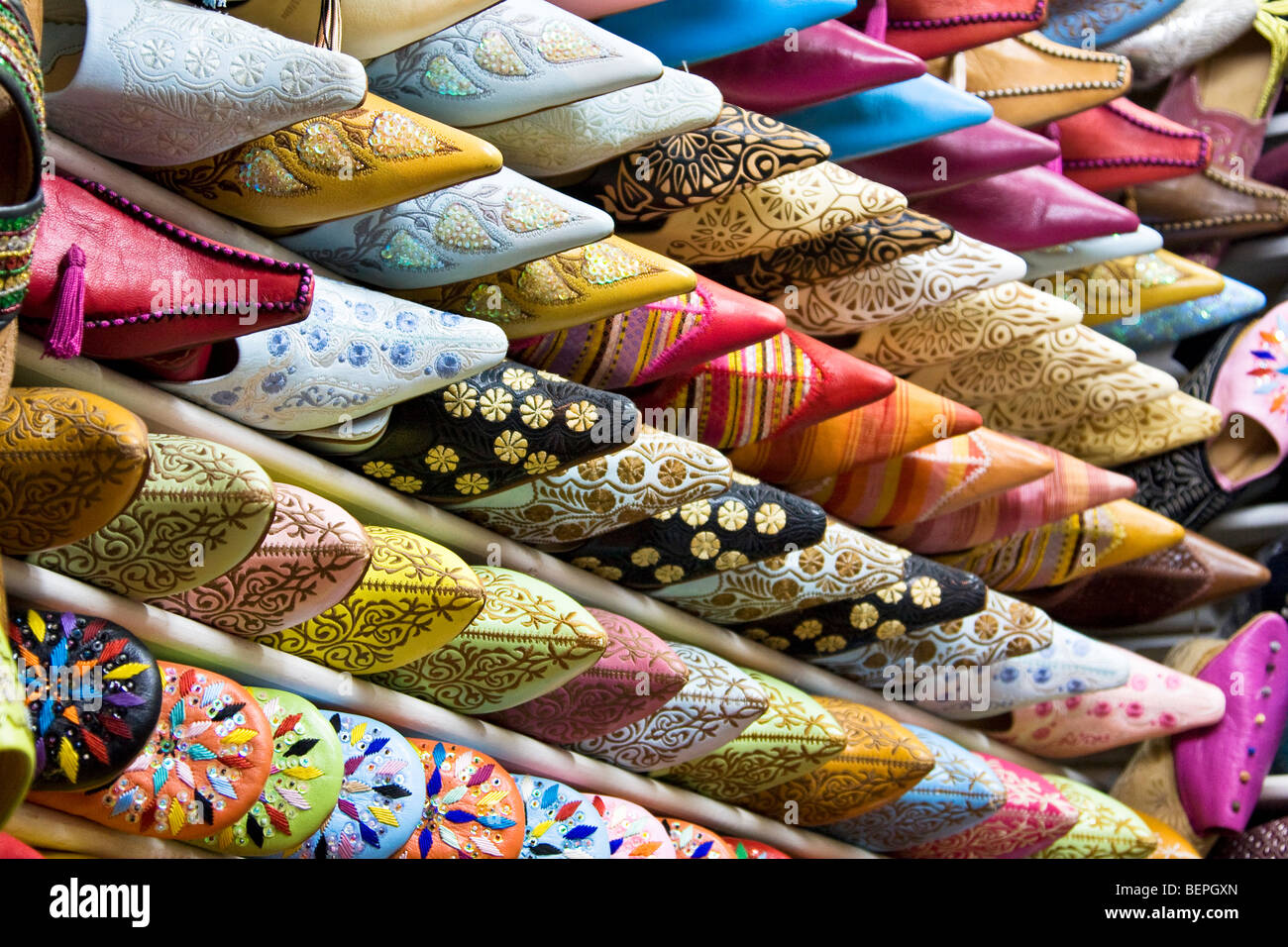 Colourful traditional Moroccan leather slippers shoes and babouches on ...