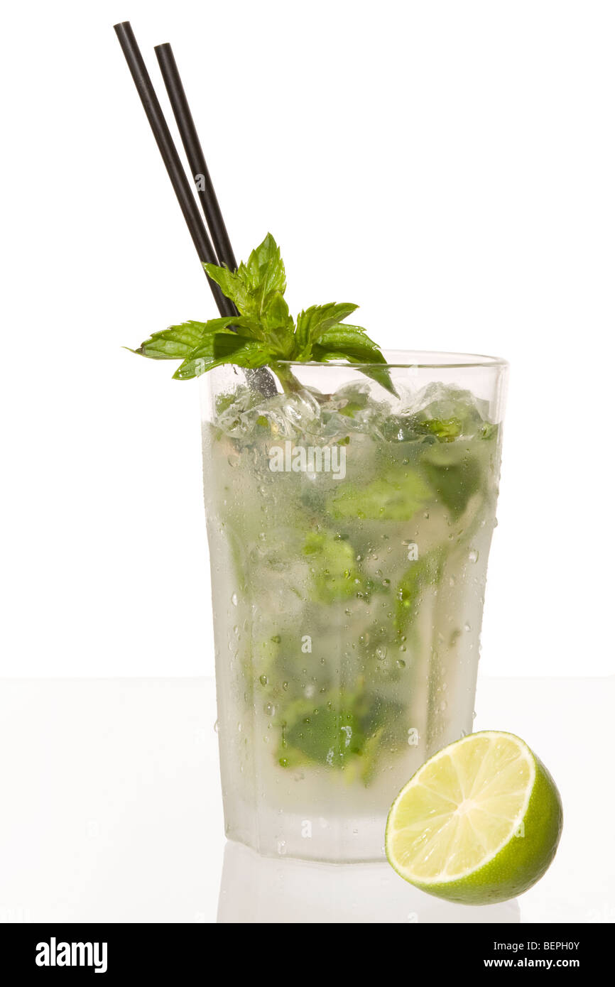 mojito cocktail with lime straw and peppermint Stock Photo - Alamy