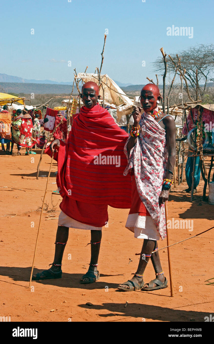 Portrait of Samburu warriors in traditional red dress at market, Kenya ...