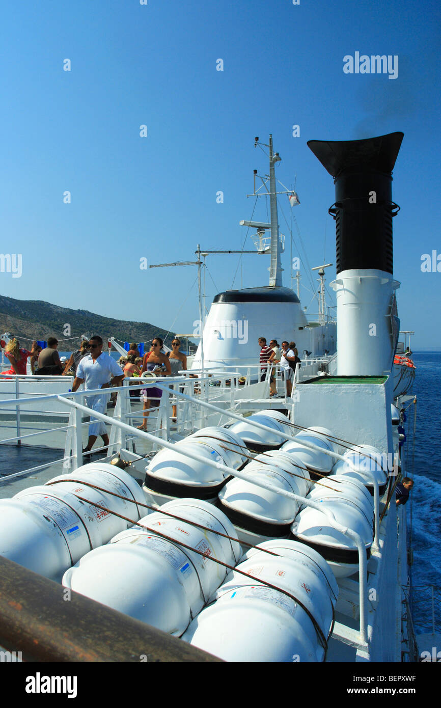 Inflatable liferafts in hard-shelled canisters on a ferry, Croatia ...