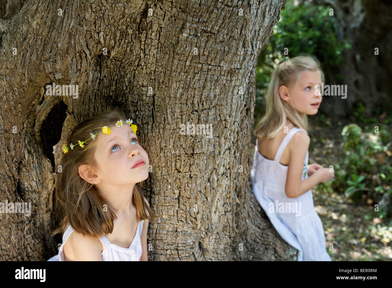 A portrait of two girls by a tree Stock Photo - Alamy