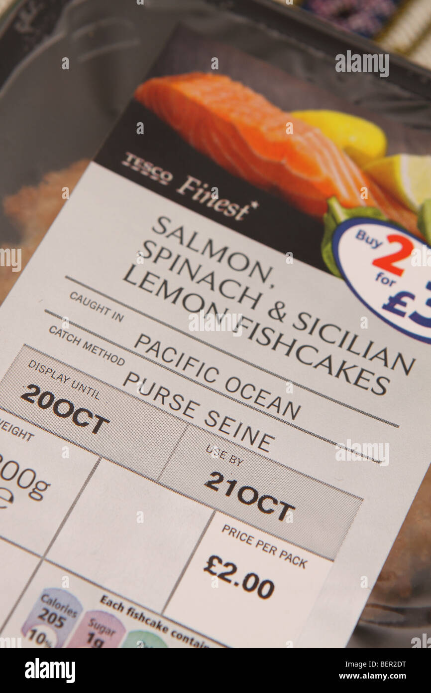 UK Supermarket fish fishcake food label showing catching method as ...
